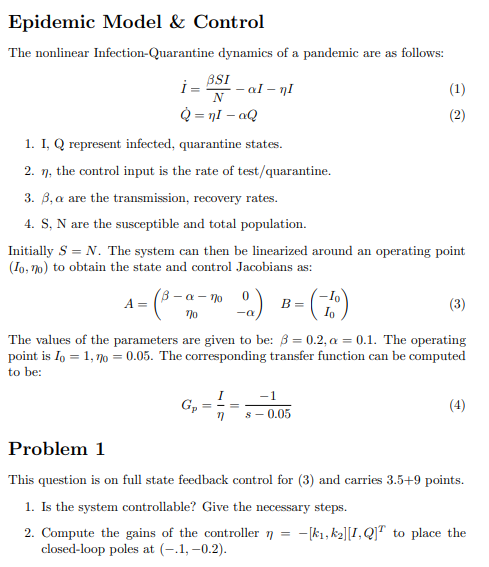 Solved Epidemic Model & Control The nonlinear | Chegg.com