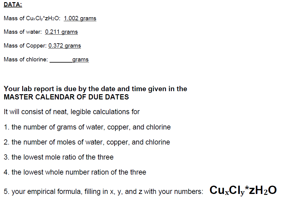 Solved DATA: Mass of CuxCly*zH2O: 1.002 grams Mass of water: | Chegg.com
