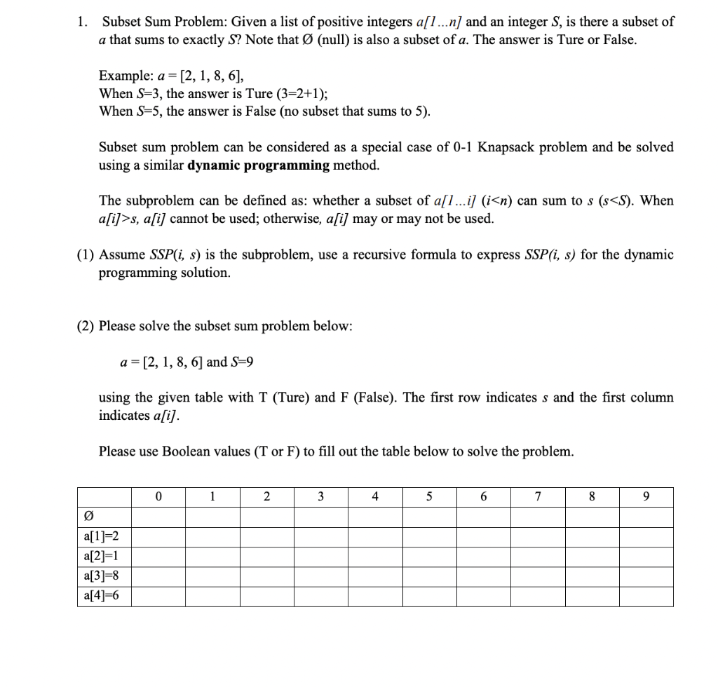 Solved 1. Subset Sum Problem: Given a list of positive | Chegg.com