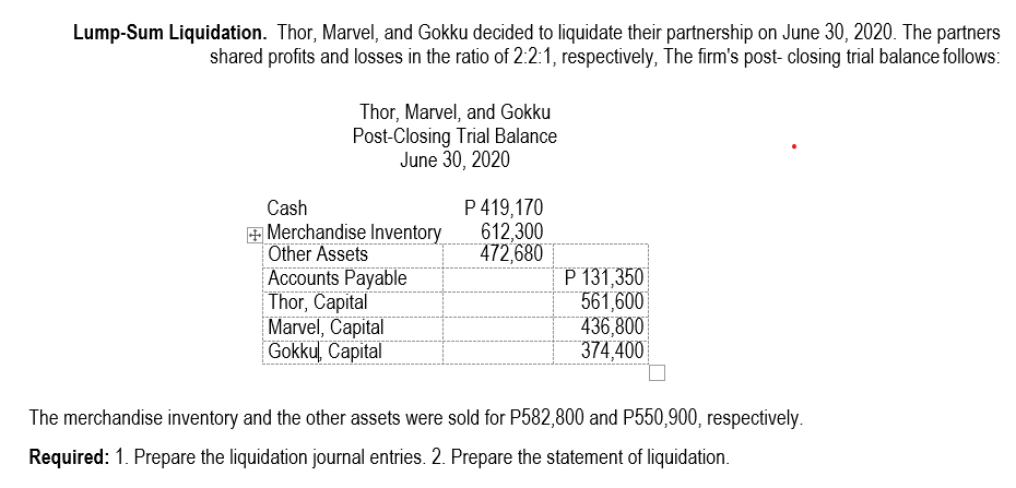 Solved Lump-Sum Liquidation. Thor, Marvel, and Gokku decided | Chegg.com