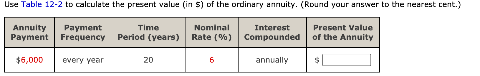 Solved Use Table 12-2 to calculate the present value (in $) | Chegg.com