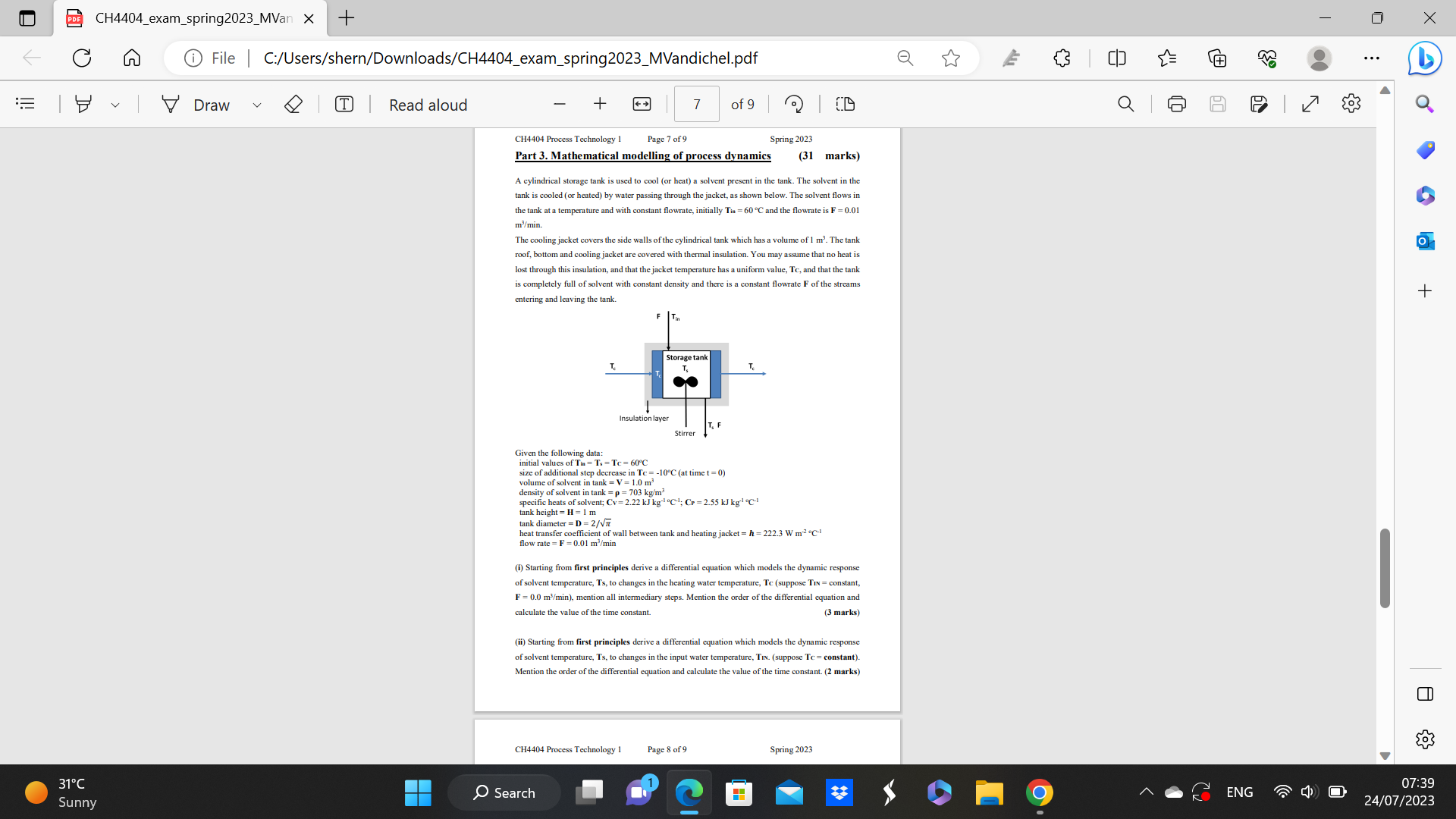 Solved Part 3. Mathematical modelling of process dynamics | Chegg.com