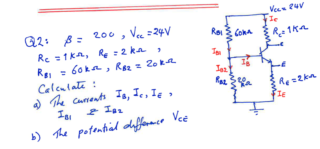 Solved Q2: β=200,VCC=24 V RC=1kΩ,RE=2kΩ,RB1=60kΩ,RB2=20kΩ | Chegg.com