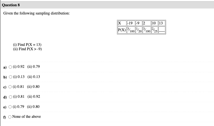 Solved Question 8 Given the following sampling distribution: | Chegg.com