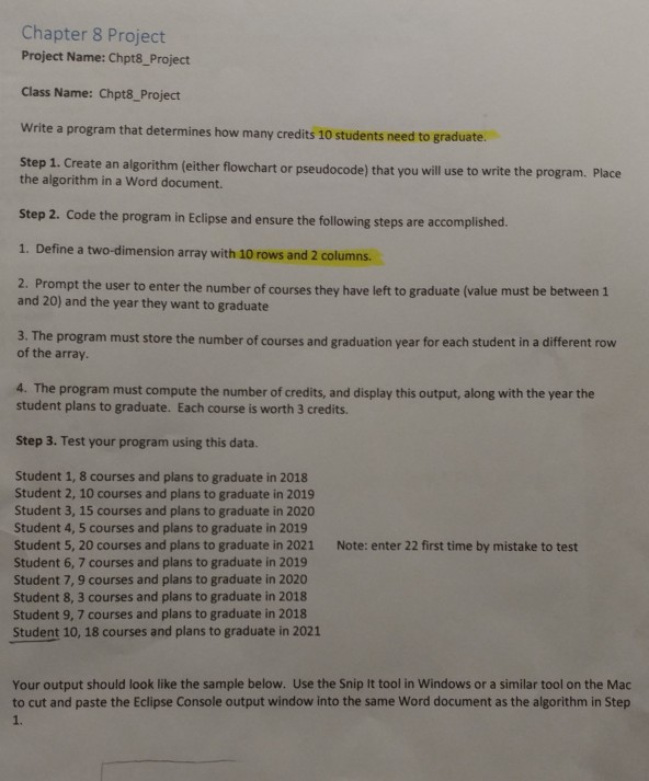 Solved Chapter 8 Project Project Name: Chpt8_Project Class | Chegg.com