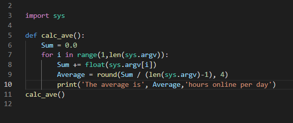 Solved 2 import sys 3 4 5 6 7 = 8 00 0 def calc_ave(): Sum = | Chegg.com