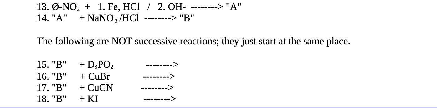 Solved 13. Ø- NO2+1.Fe,HCl / 2. OH−−−−−−> "A" 14. "A" | Chegg.com