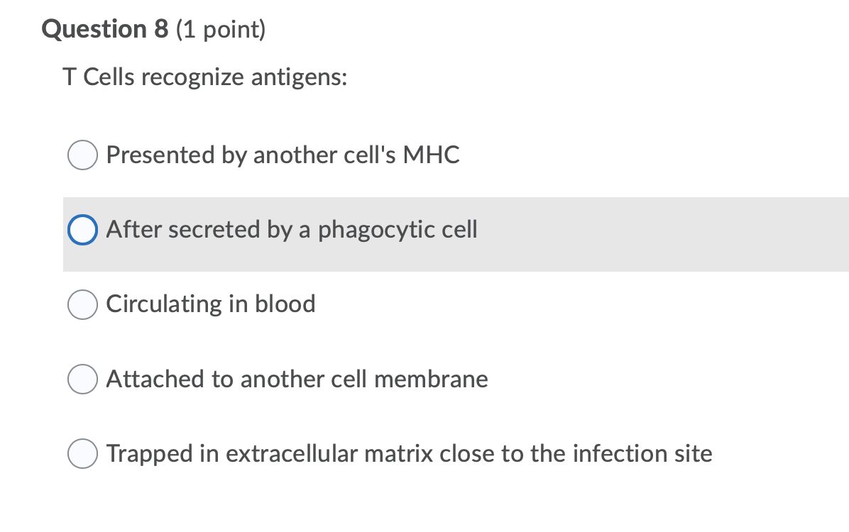 Solved Question 8 (1 point) T Cells recognize antigens: | Chegg.com