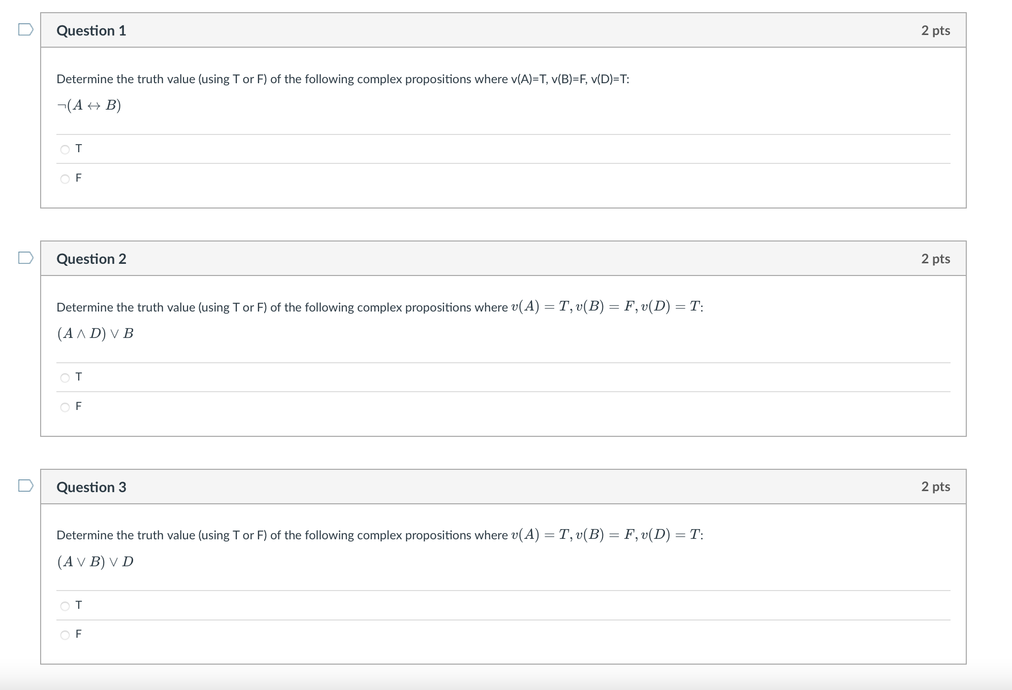 Determine the truth value (using T or F ) of the | Chegg.com