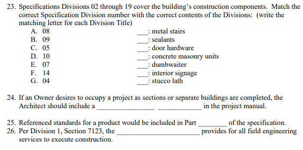 23. Specifications Divisions 02 through 19 cover the | Chegg.com
