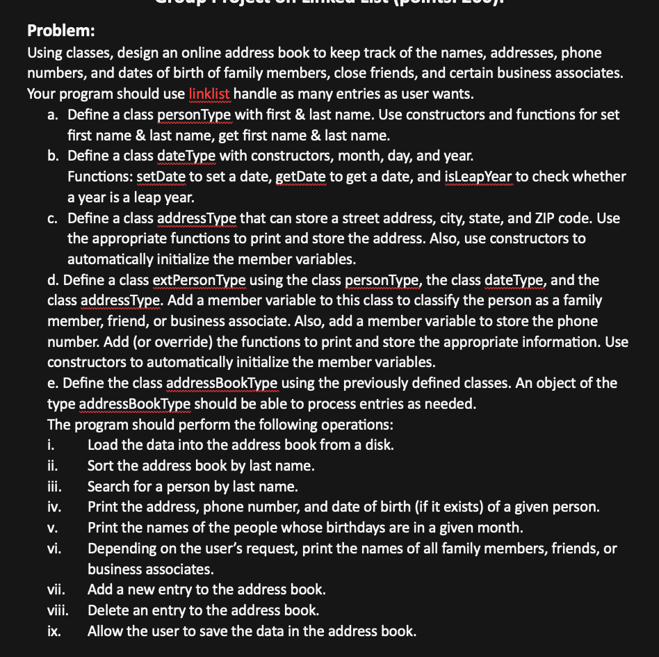 Solved roblem: Ising classes, design an online address book | Chegg.com