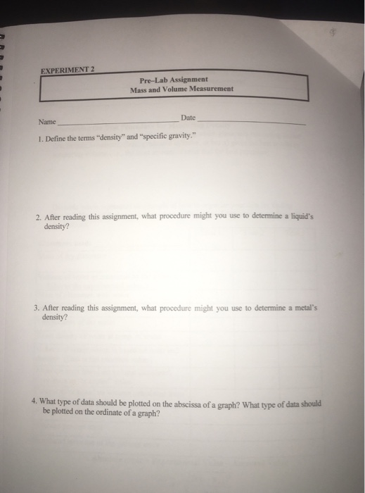 Solved EXPERIMENT 2 Pre-Lab Assignment Mass and Volume | Chegg.com