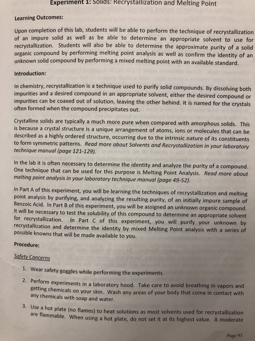 Solved Experiment 1: Solids: Recrystallization and Melting | Chegg.com