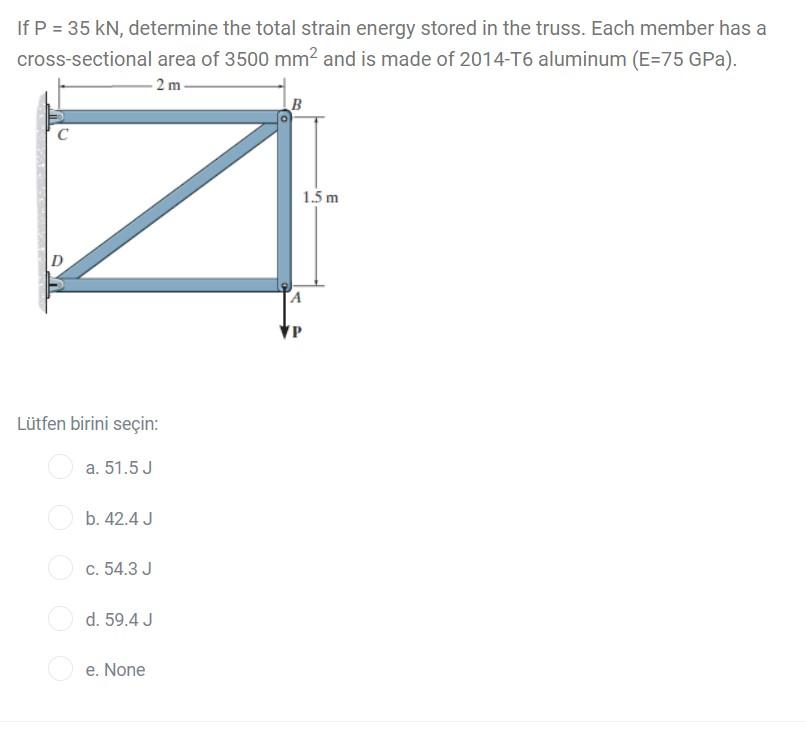 Solved If P = 35 kN, determine the total strain energy | Chegg.com