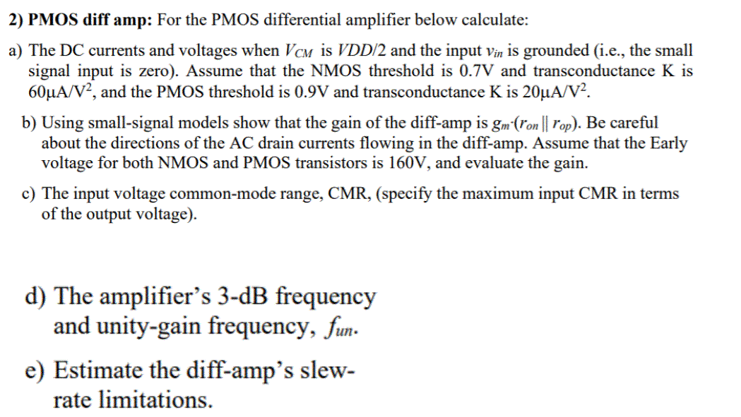 2) PMOS diff amp: For the PMOS differential amplifier | Chegg.com