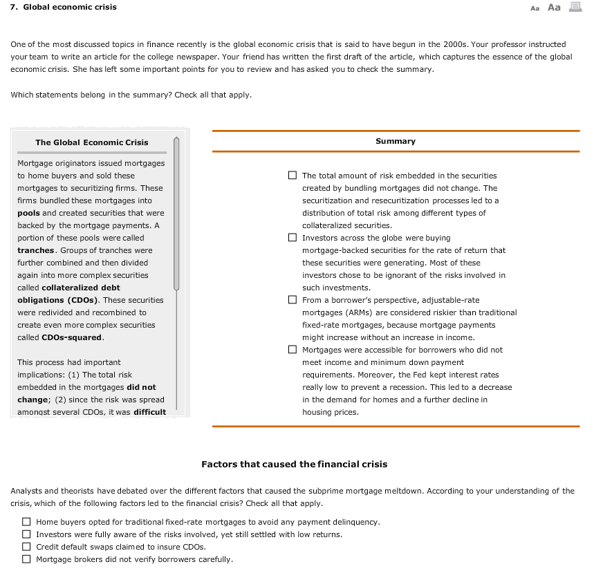 Solved 7. Global economic crisis Aa Aa One of the most | Chegg.com