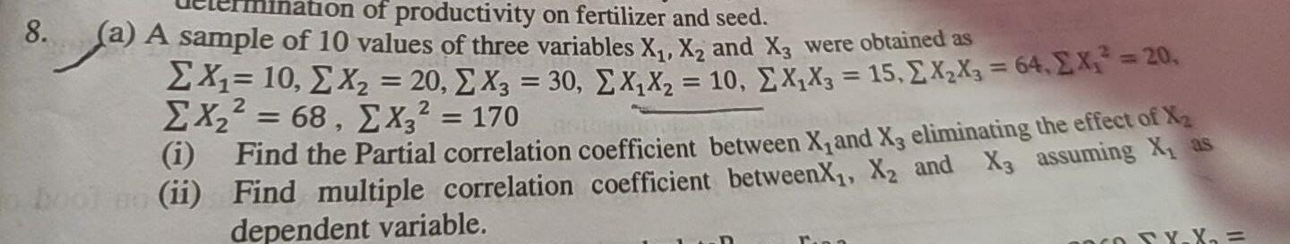 Solved (a) A sample of 10 values of three variables X1,X2 | Chegg.com