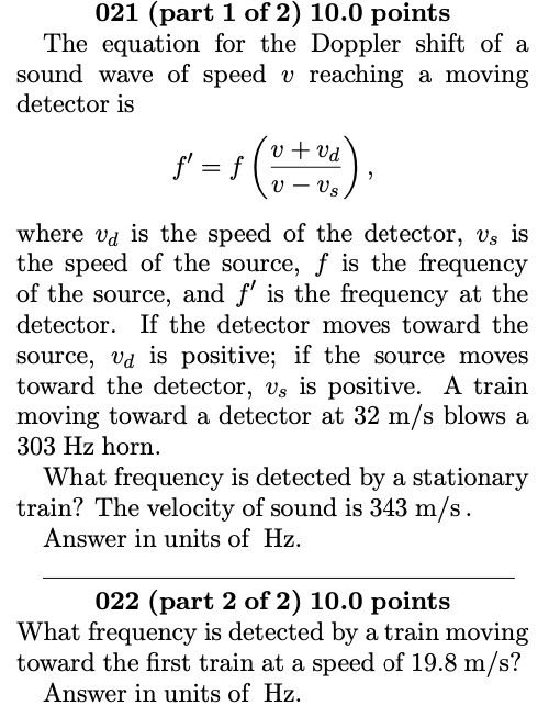 Solved 021 (part 1 of 2 ) 10.0 points The equation for the | Chegg.com