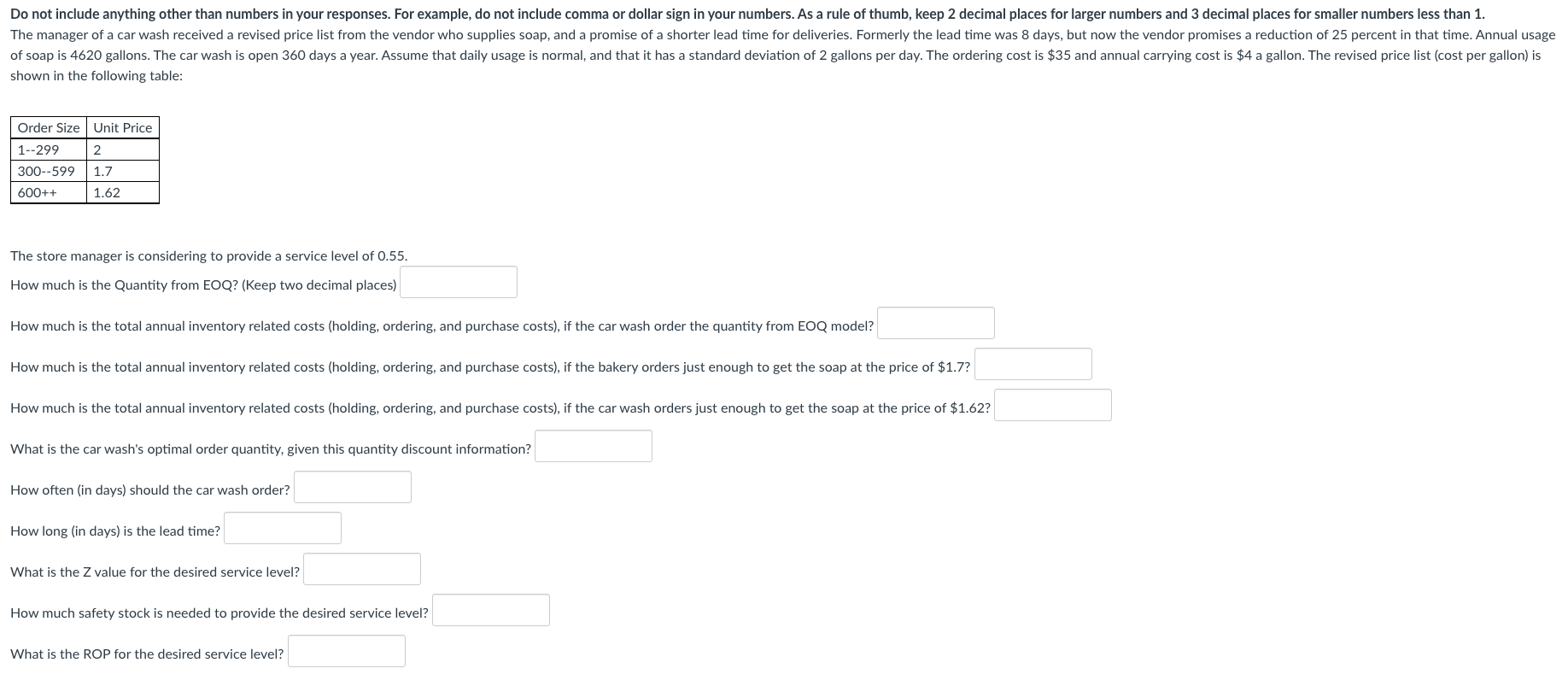 Do not include anything other than numbers in your | Chegg.com