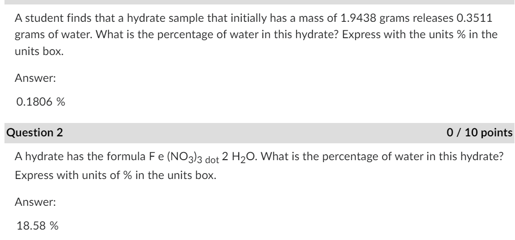 Solved A student finds that a hydrate sample that initially | Chegg.com