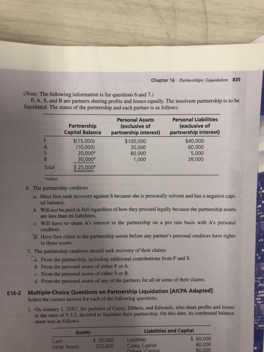 Solved Chapter 16 Partnerships: Liquidation 835 (Note: The | Chegg.com