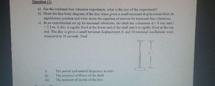 Solved Question (1) a) For the torsional free vibration | Chegg.com