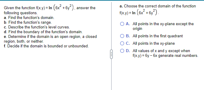 Solved Given the function f(x,y)=ln(6x2+6y2), answer the a. | Chegg.com