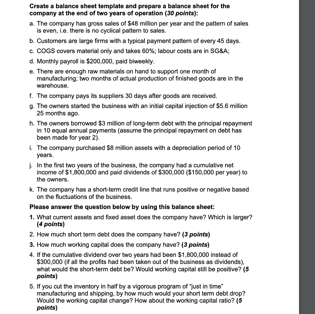 Create a balance sheet template and prepare a balance | Chegg.com