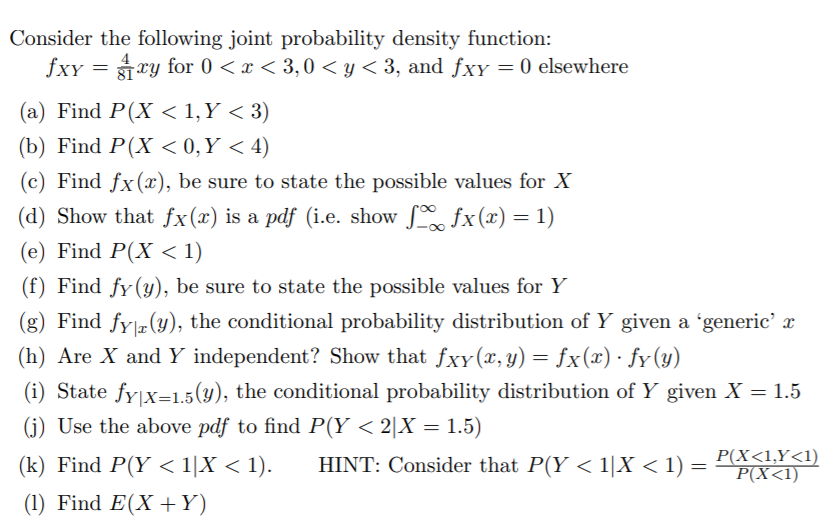 Solved Consider the following joint probability density | Chegg.com