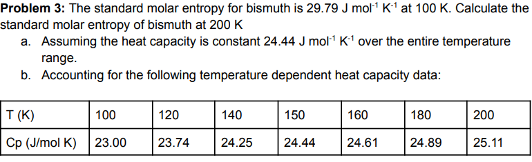 Solved Problem 3: The standard molar entropy for bismuth is | Chegg.com