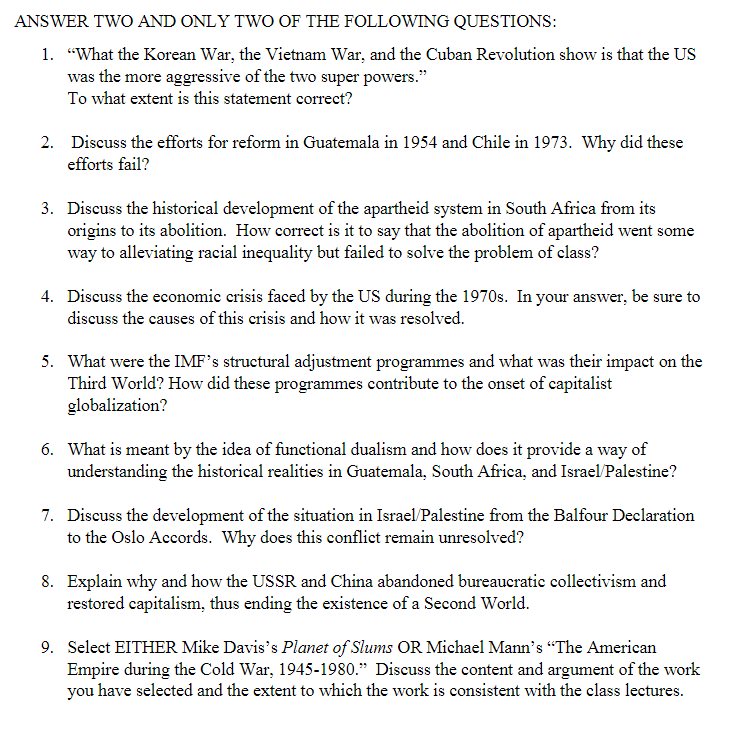 ANSWER TWO AND ONLY TWO OF THE FOLLOWING QUESTIONS: | Chegg.com