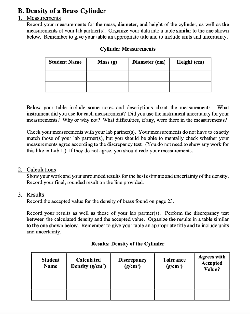 Solved Lab 2: Error Propagation Physics 4AL B. Density of a | Chegg.com