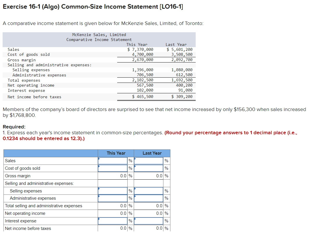 Solved Exercise 16-1 (Algo) Common-Size Income Statement | Chegg.com