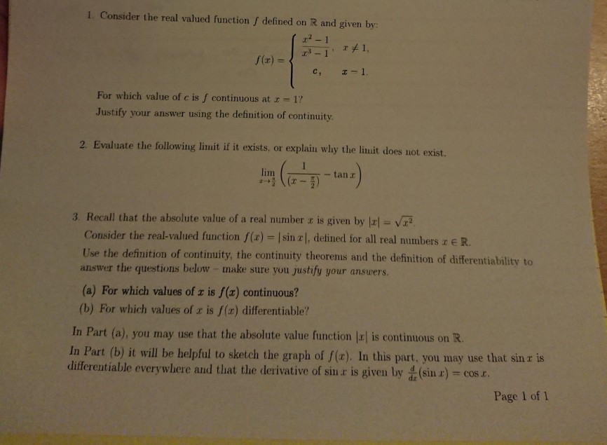 Solved 1. Consider the real valued function f defined on R | Chegg.com