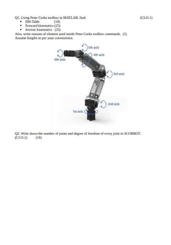 Solved (CLO-1 QL. Using Peter Corke toolbox in MATLAB, find | Chegg.com