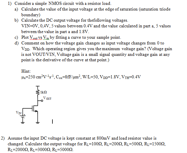 Solved 1) Consider a simple NMOS circuit with a resistor | Chegg.com