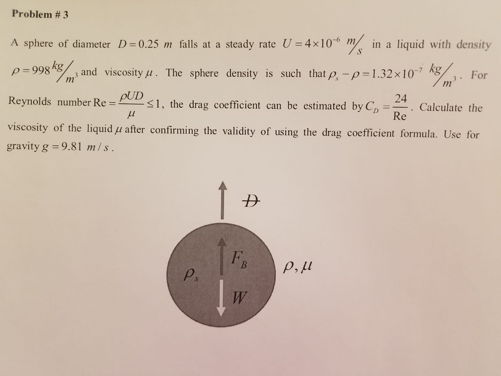 Solved Problem # 3 A sphere of diameter D-0.25 m falls at a | Chegg.com