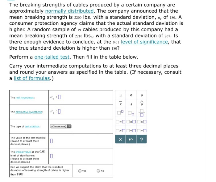 Solved The breaking strengths of cables produced by a | Chegg.com