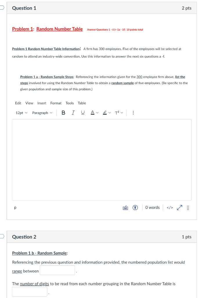 Solved Question 1 2 pts Problem 1: Random Number Table | Chegg.com