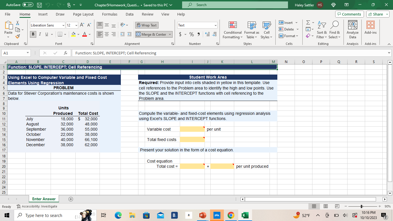 Solved 1 Function: SLOPE, INTERCEPT; Cell Referencing 3 | Chegg.com