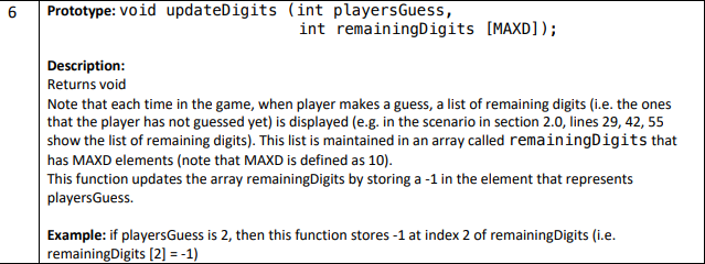 Solved 6 Prototype: void updateDigits (int playersGuess, int | Chegg.com