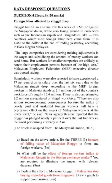 DATA RESPONSE QUESTIONS QUESTION 4 (Topic 9).[20 | Chegg.com