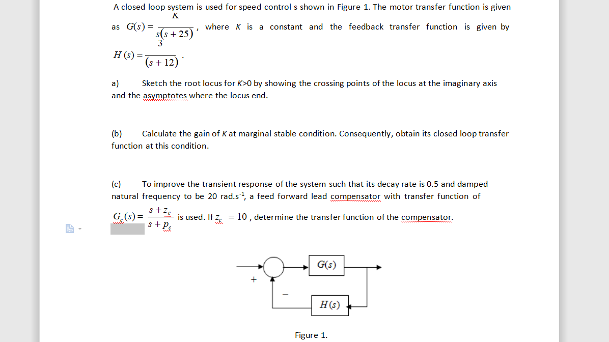 Solved A closed loop system is used for speed control s | Chegg.com
