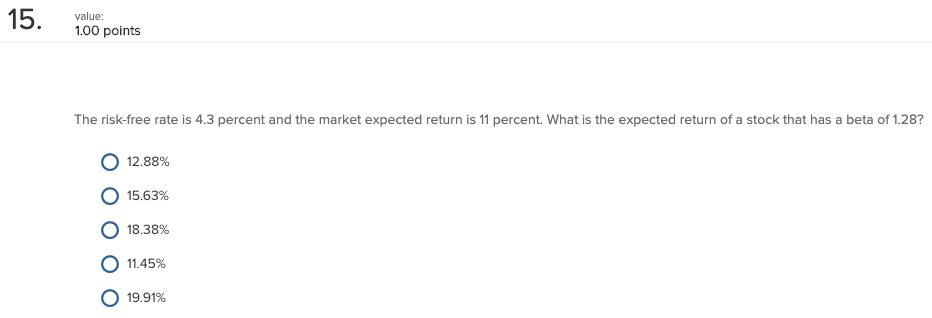 Solved 15. value: 1.00 points The risk-free rate is 4.3 | Chegg.com Solved 15. value: 1.00 points The risk-free rate is 4.3 | Chegg.com
