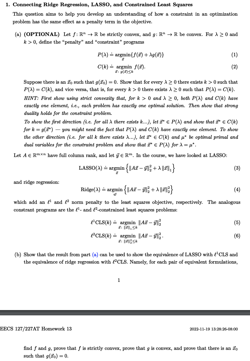 1. Connecting Ridge Regression, LASSO, and | Chegg.com