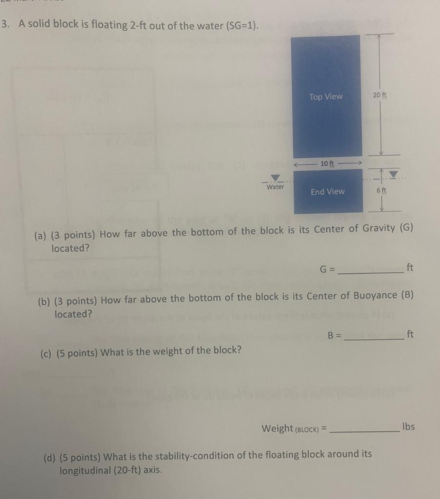 Solved 3. A solid block is floating 2 - ft out of the water | Chegg.com