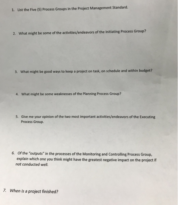 Solved 1. List the Five (5) Process Groups in the Project | Chegg.com