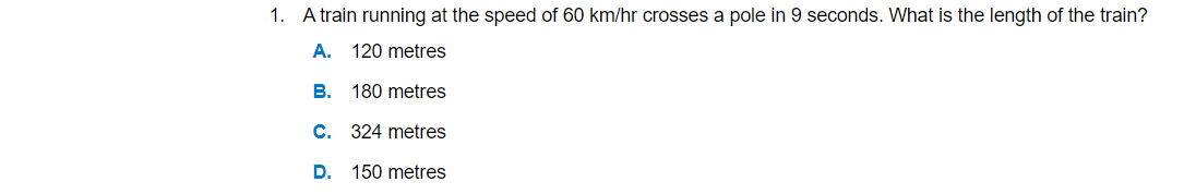 Solved 1. A train running at the speed of 60 km/hr crosses a | Chegg.com