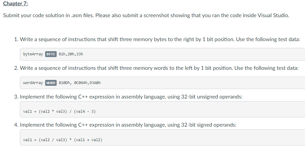 Chapter 7: Submit your code solution in .asm files. | Chegg.com