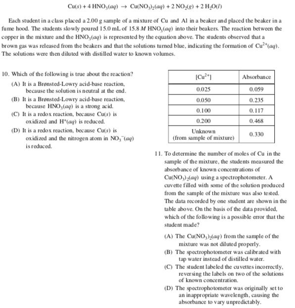 Solved Cu(s)+4 HNO (aq) Cu(NO,2(a) 2 NO-() 2 H,Ou) Each | Chegg.com